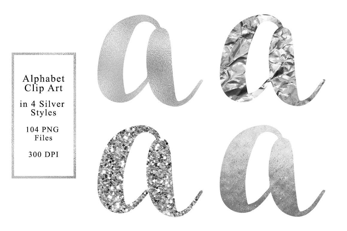 Silver Alphabet Clip Art 4 Luxury Styles Silver Foil - Etsy