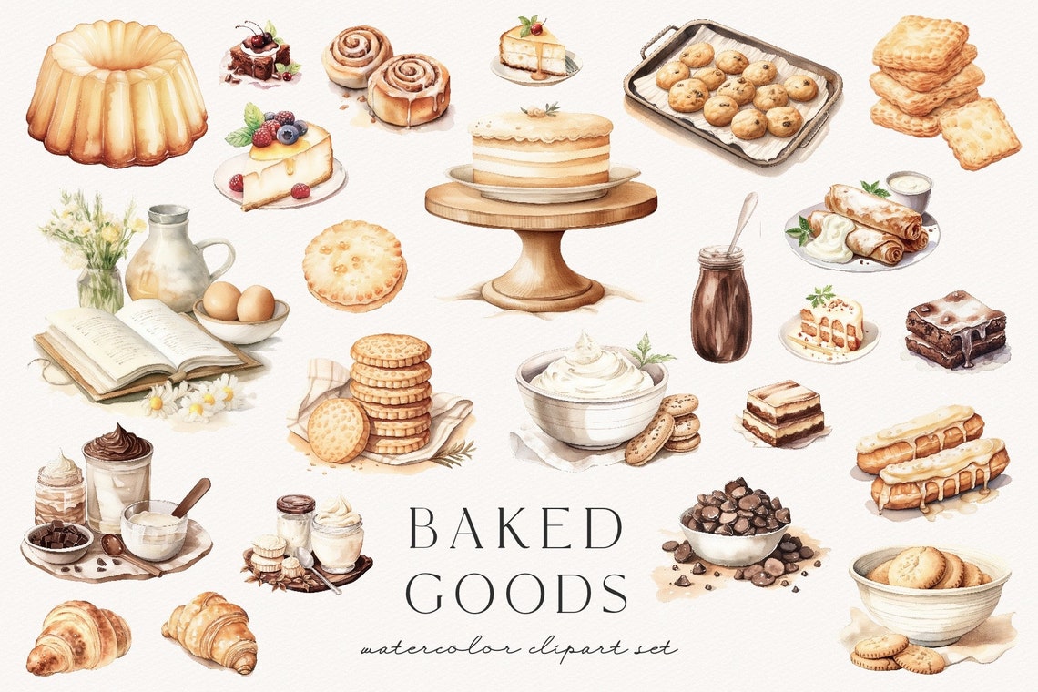 Baked Goods, Baking Watercolor Clipart, Dessert Png Graphics, Png ...