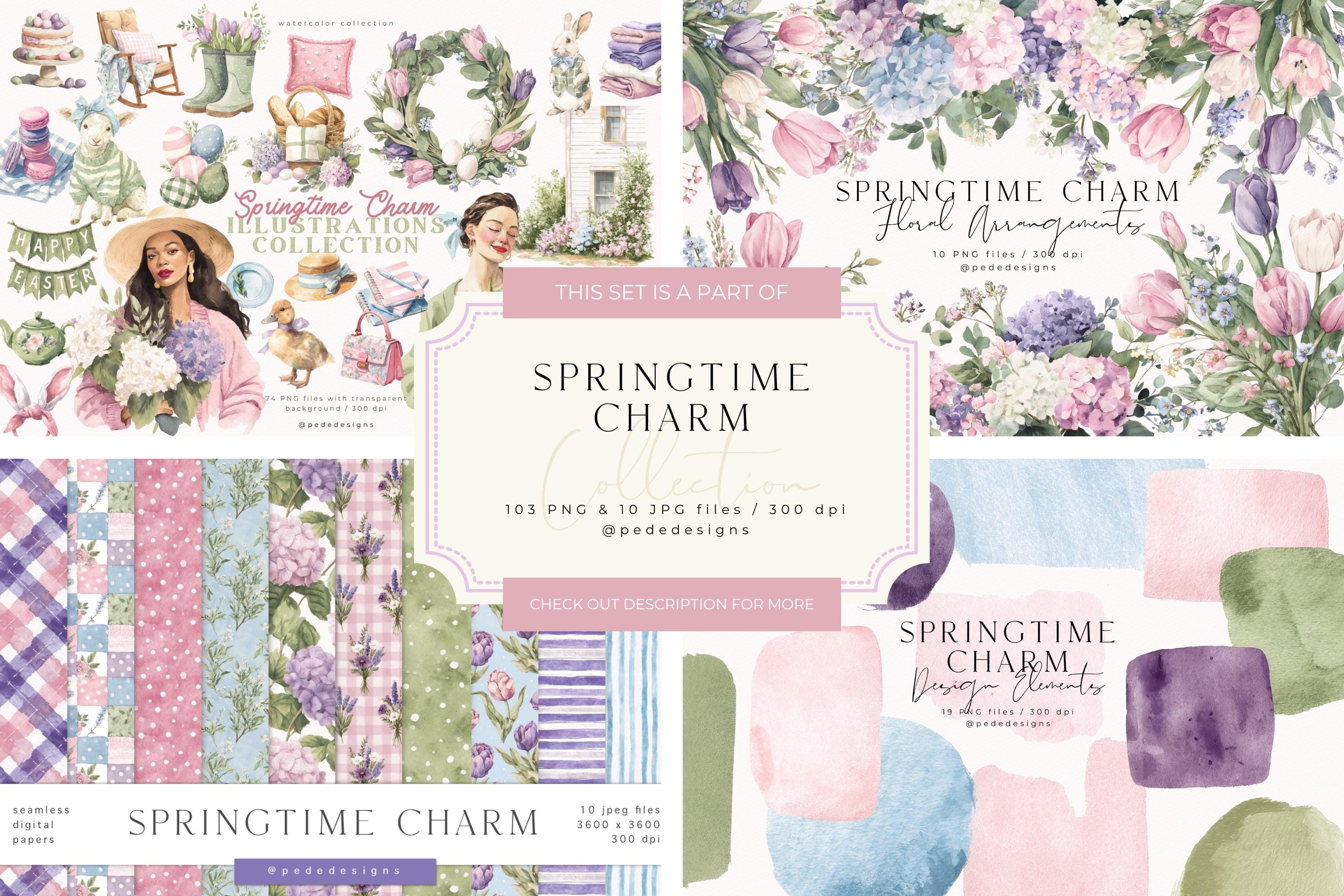Springtime Charm Digital Papers | Watercolor Spring Patterns | Floral ...