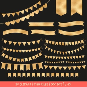Gold Foil Bunting Banners Clipart, Bunting Clipart, Golden Ribbon, Gold ...