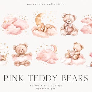 Pink Teddy Bears Clip Art Set, Watercolor Clipart, Plush Animals ...