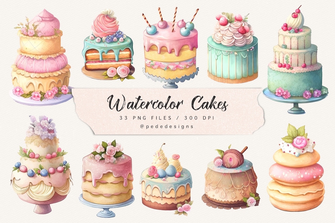 Watercolor Cakes Clip Art, Birthday Clipart, Dessert Illustration ...