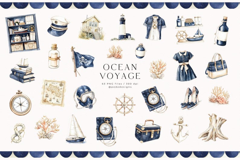 Ocean Voyage Collection, Watercolor Clipart, Nautical Png, Coastal ...