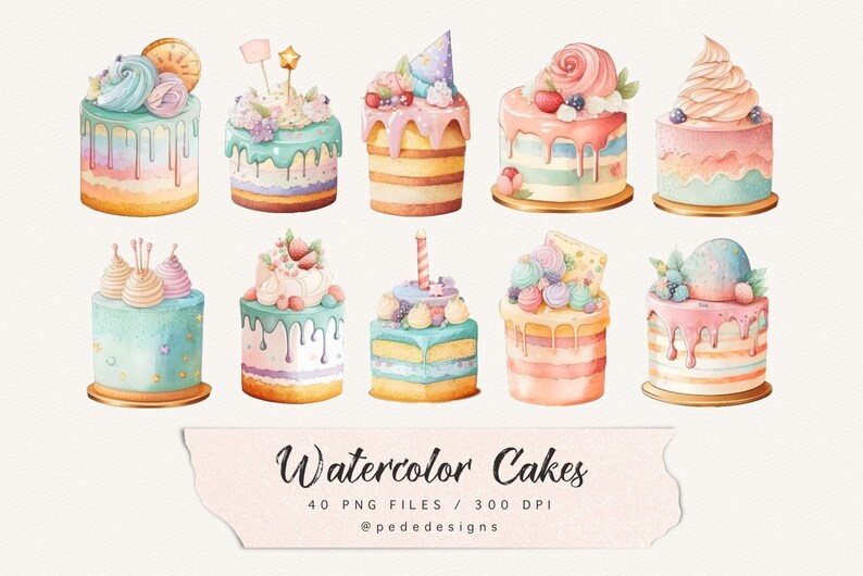 Watercolor Cakes Clip Art Birthday Clipart Dessert - Etsy