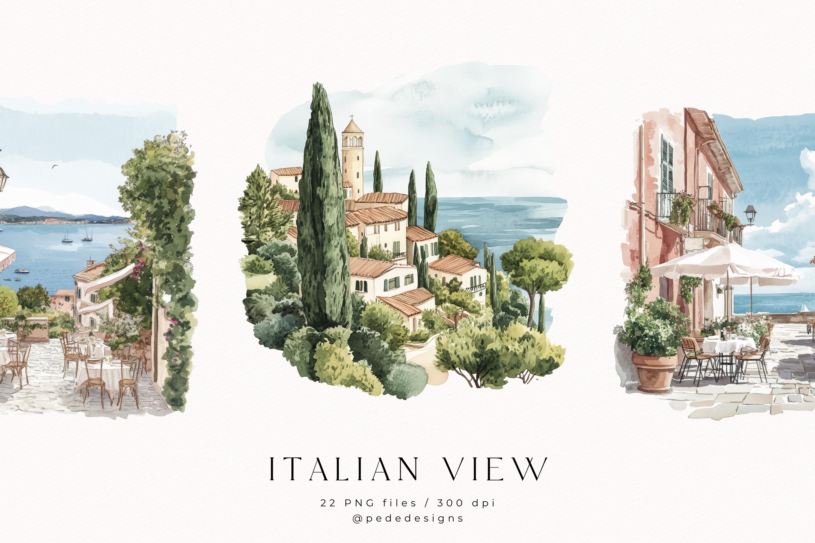 Watercolor Italian Coastal Clipart: Summer Travel Landscape (PNG ...