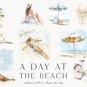 A Day at the Beach, Watercolor Summer Clipart, Travel Graphics, Girl ...
