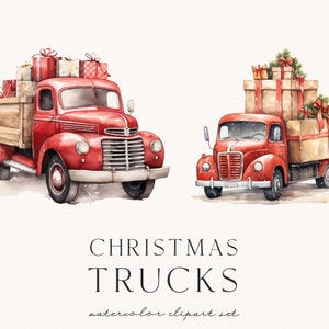 Christmas Trucks Clipart, Watercolor Christmas, Winter Clipart, Red ...