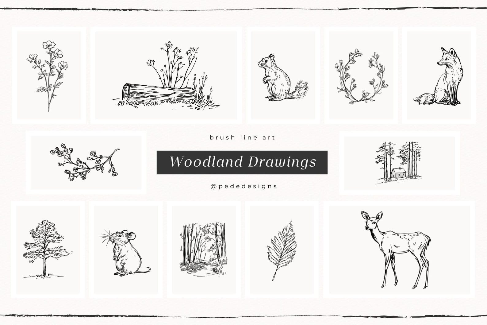 Woodland Drawings, Brush Line Art, Forest Clipart, Vector Files, Png ...