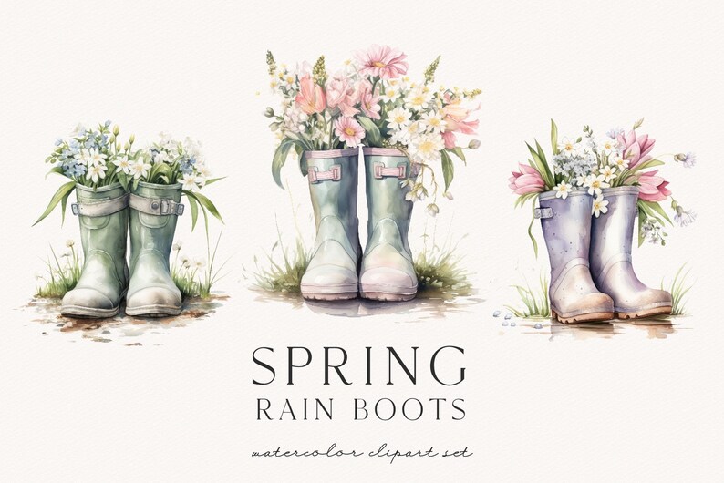 Spring Rain Boots, Watercolor Png Clipart, Spring Illustration, Garden ...
