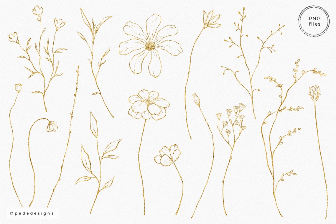 Gold Glitter Wild Flowers Gold Floral Clip Art Glitter - Etsy
