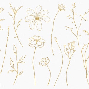 Gold Glitter Wild Flowers, Gold Floral Clip Art, Glitter Leaves, Meadow ...
