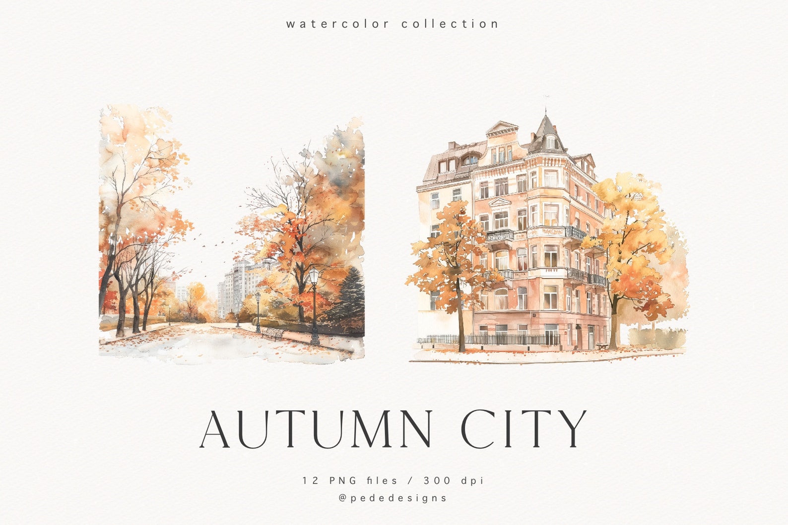 Autumn City Clip Art Set, Autumn Town, Watercolor Fall Scenery, Autumn ...