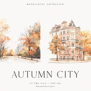 Autumn City Clip Art Set, Autumn Town, Watercolor Fall Scenery, Autumn ...