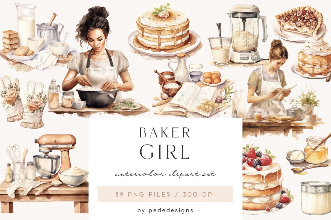 Baker Girl Collection, Baking Watercolor Graphics, Cooking Clipart ...
