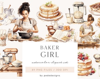 Baking Time Watercolor Clipart, Baker Girl Graphics, Kitchen Utensils ...