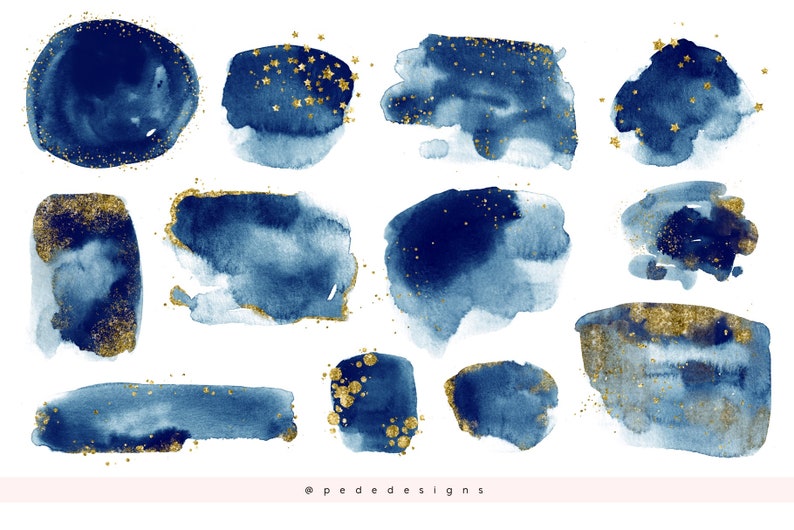 Watercolor Strokes Clipart, Gold Glitter, Navy Blue Watercolor Splash ...