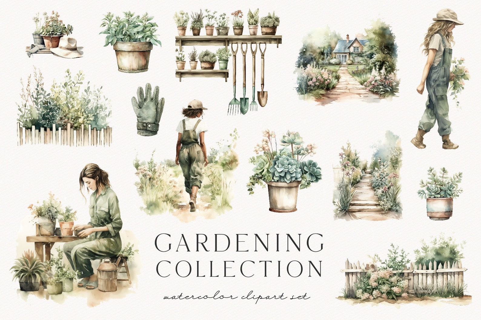 Gardening Collection, Watercolor Garden Plants, Spring Garden Graphics ...