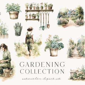Gardening Collection, Watercolor Garden Plants, Spring Garden Graphics ...