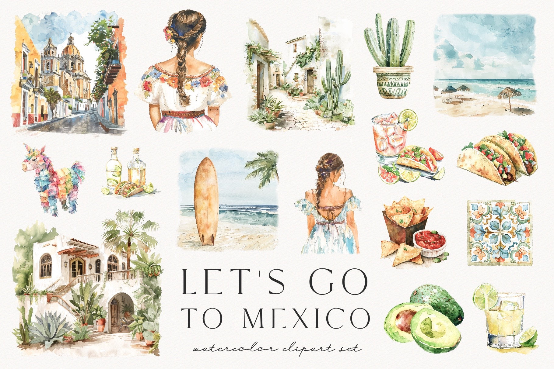 Let's Go to Mexico, Watercolor Summer Clipart, Travel, Mexican ...