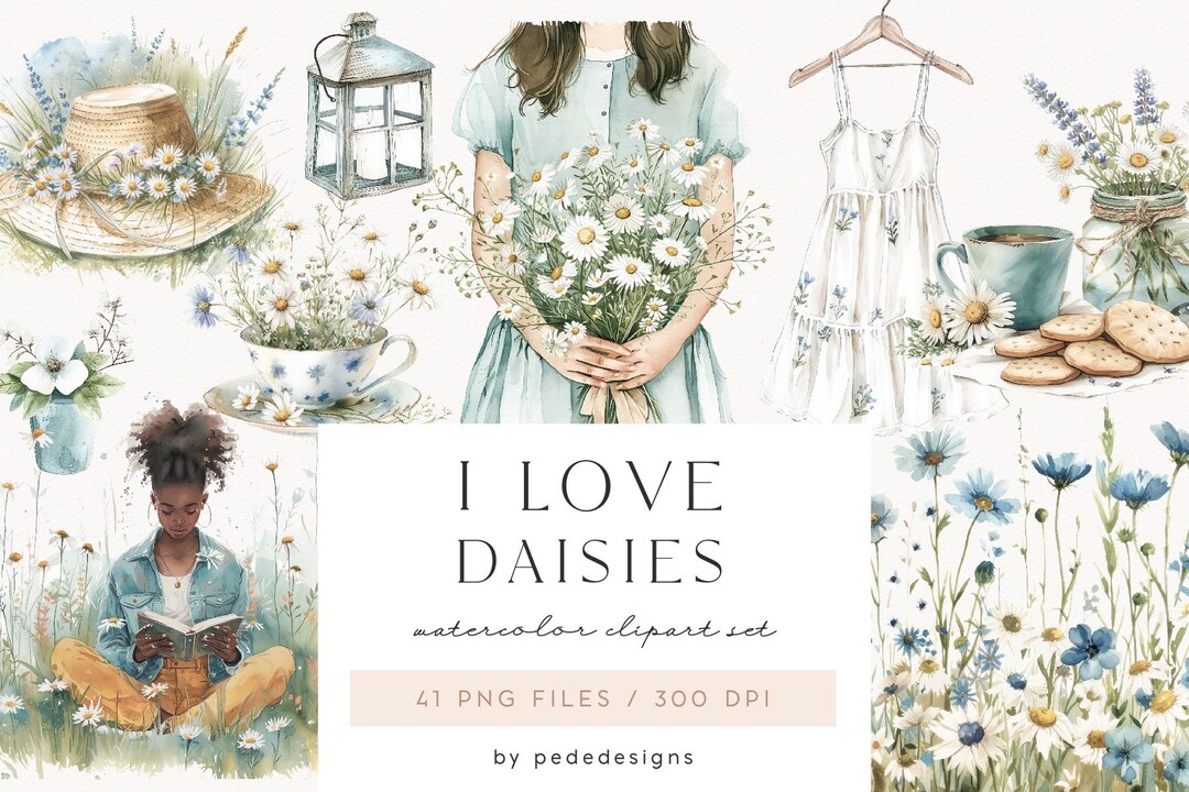 I Love Daisies Collection, Watercolor Spring Graphics, Pretty Girl ...