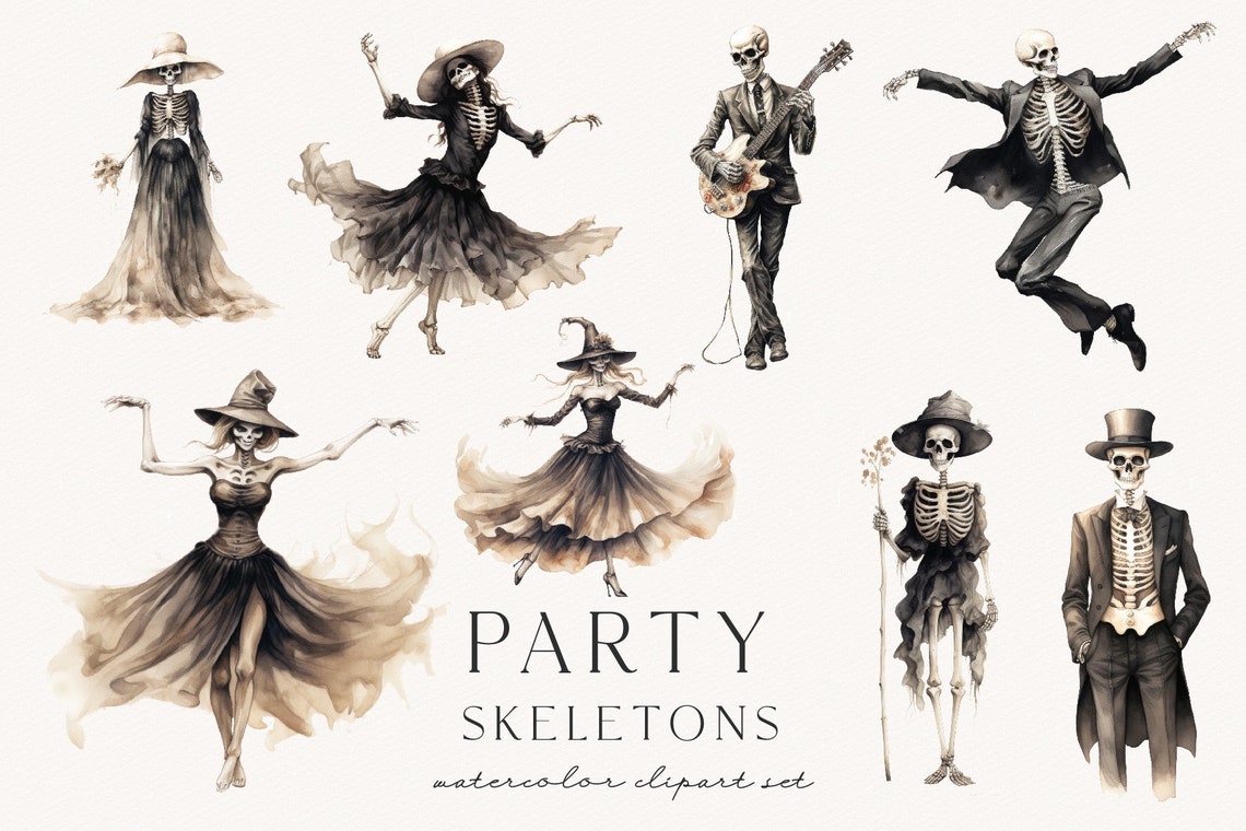 Party Skeletons Clipart, Watercolor Halloween Clipart, Spooky Clipart ...