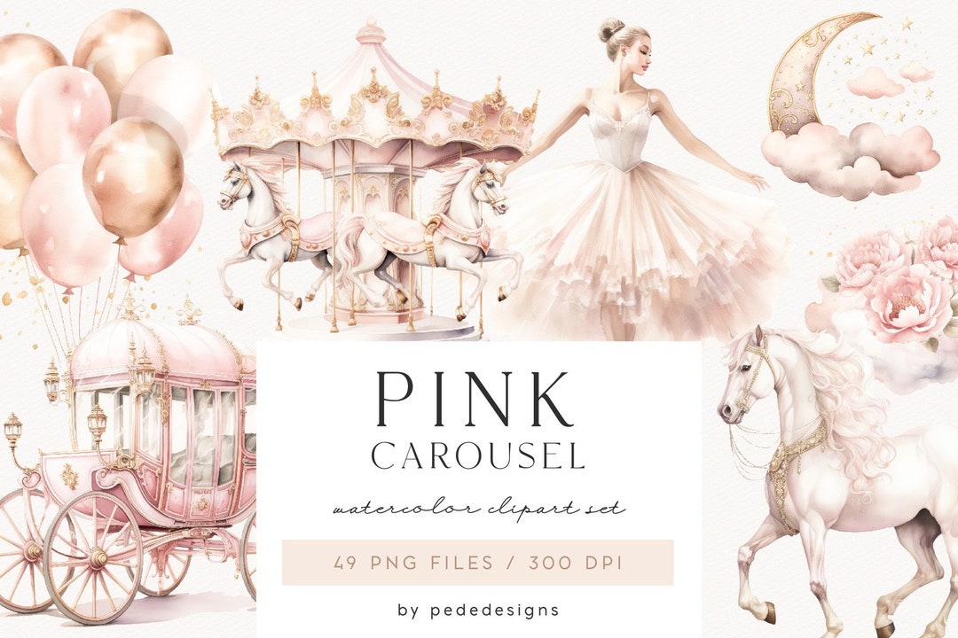 Watercolor Pink Carousel Clipart, Birthday Girl Clipart, Party ...
