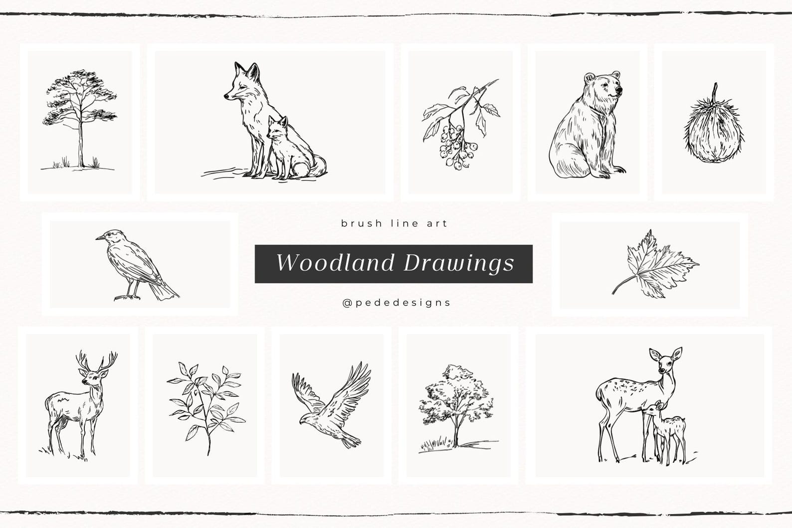 Woodland Drawings, Brush Line Art, Forest Clipart, Vector Files, Png ...