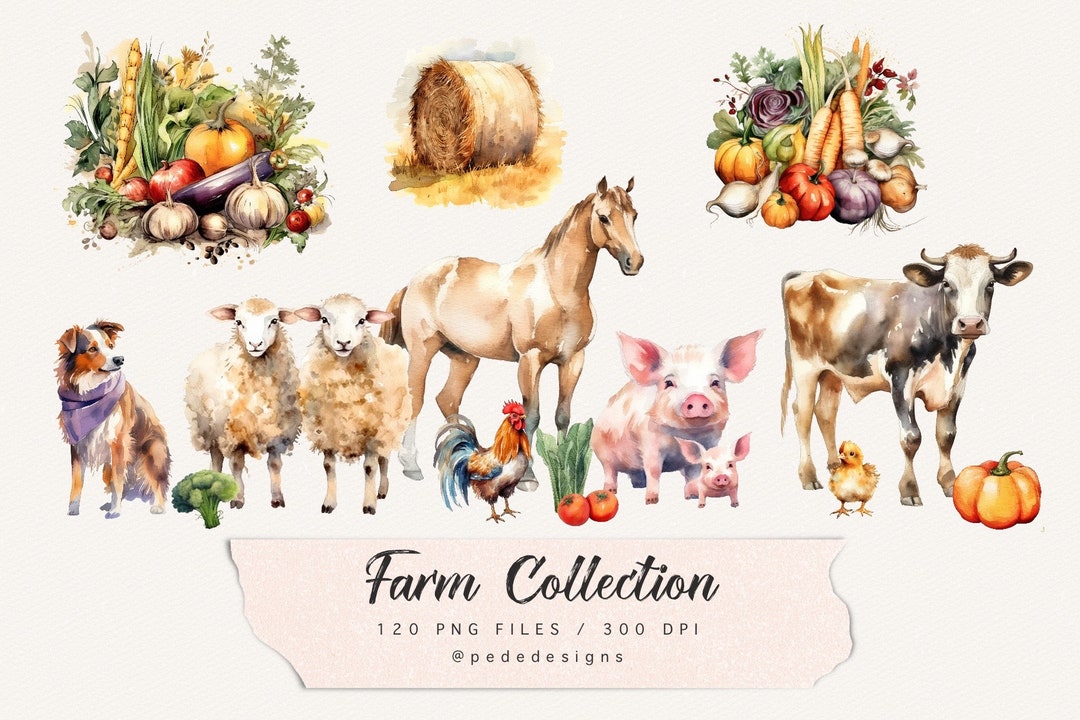 Watercolor Farm Clip Art, Farm Animals, Countryside, Nursery Decor ...