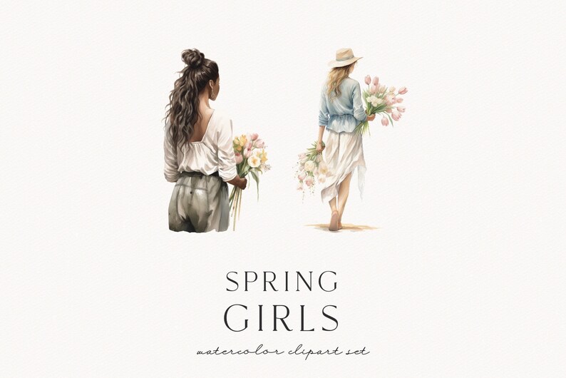 Spring Girls Clipart, Watercolor Girl Graphics, Watercolor Romantic ...