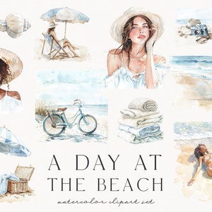 A Day at the Beach, Watercolor Summer Clipart, Travel Graphics, Girl ...