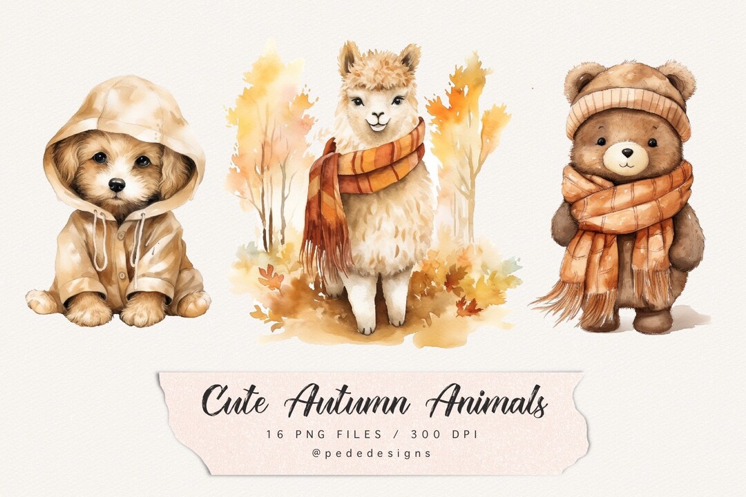 Cute Autumn Animals, Watercolor Fall Clipart, Autumn Clip Art, Puppy in ...