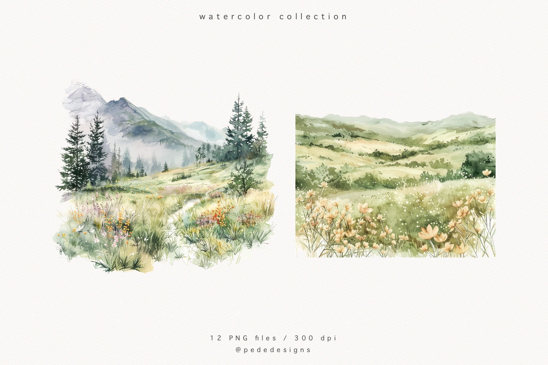 Watercolor Summer Landscape Clipart: Meadow, Mountains, Floral Field ...