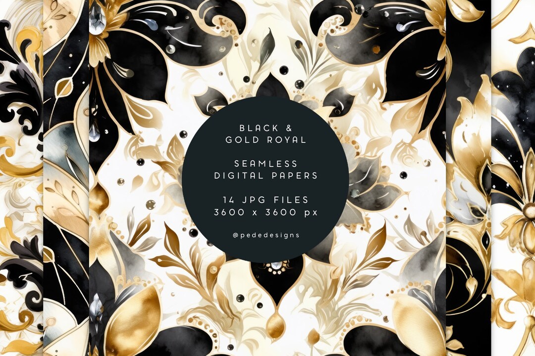 Black & Gold Royal Digital Paper Pack, Watercolor Seamless Papers, Gold ...