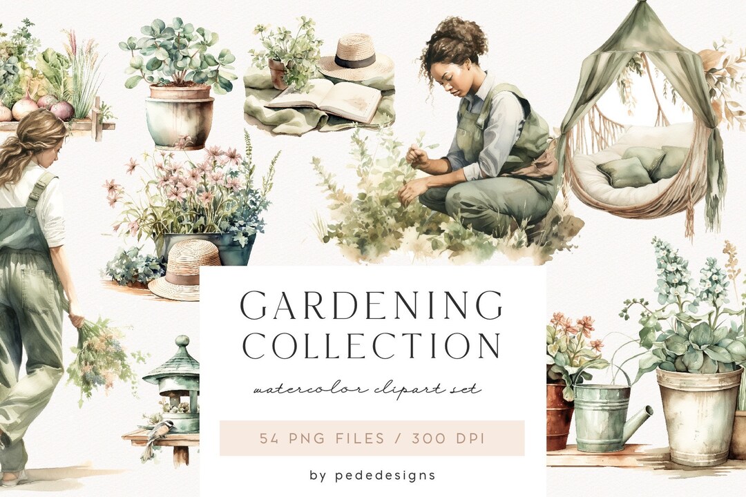 Gardening Collection, Watercolor Garden Plants, Spring Garden Graphics ...