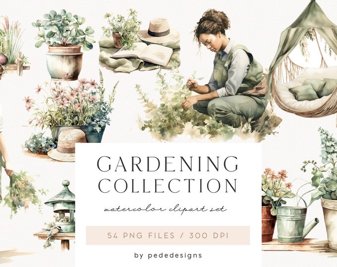 Watercolor Gardening Clipart Png Bundle, Spring Garden Clipart, Garden ...