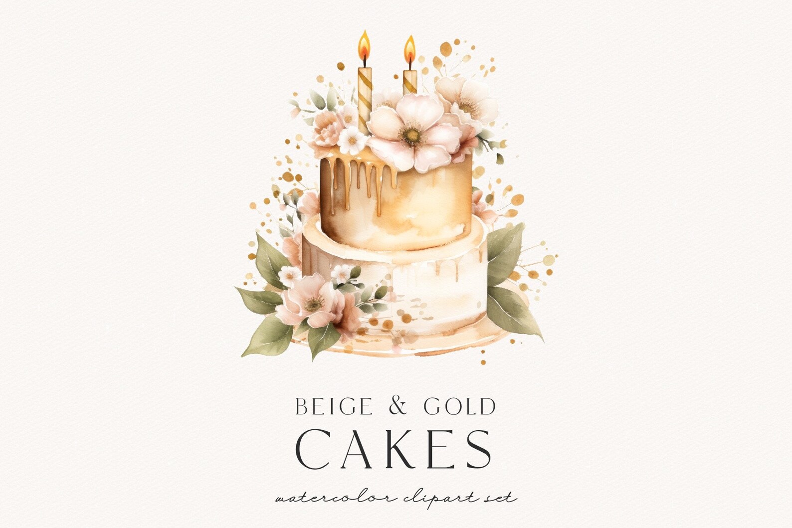 Beige & Gold Cakes Clipart, Wedding Clipart, Birthday Cake Illustration ...