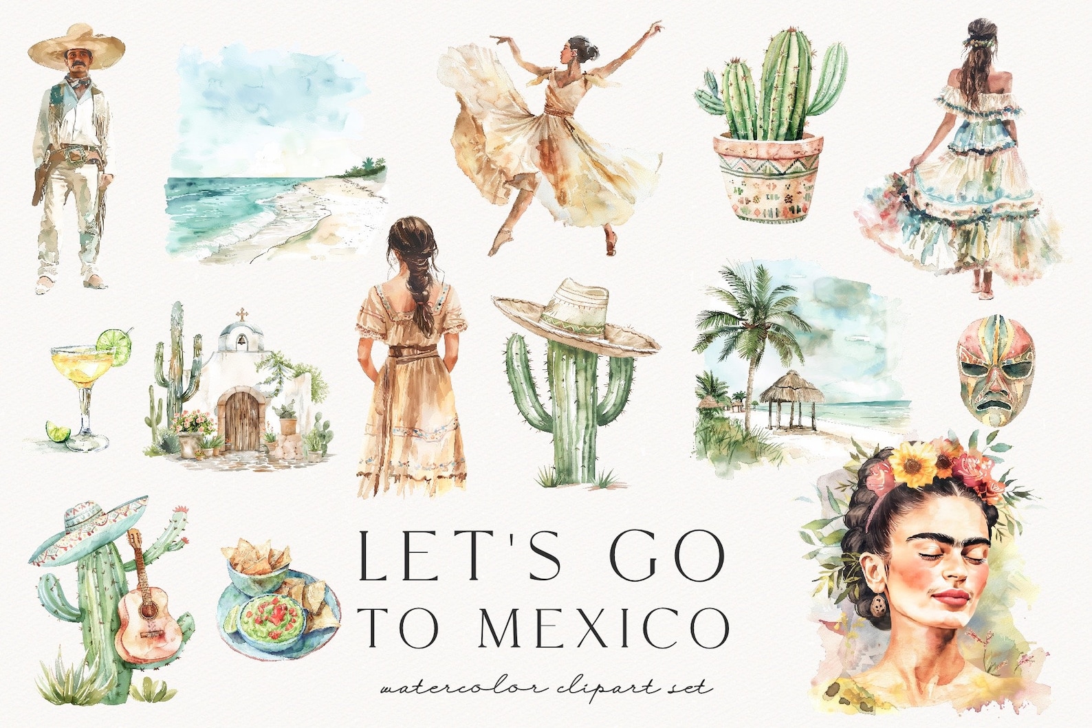 Let's Go to Mexico, Watercolor Summer Clipart, Travel, Mexican ...