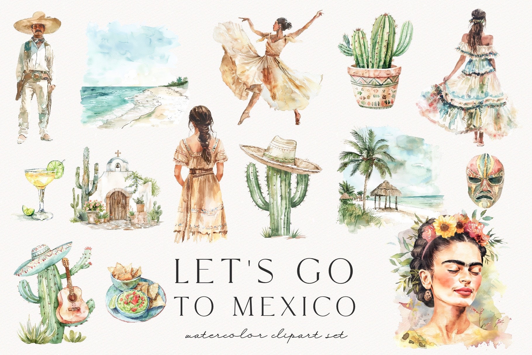 Let's Go to Mexico, Watercolor Summer Clipart, Travel, Mexican ...