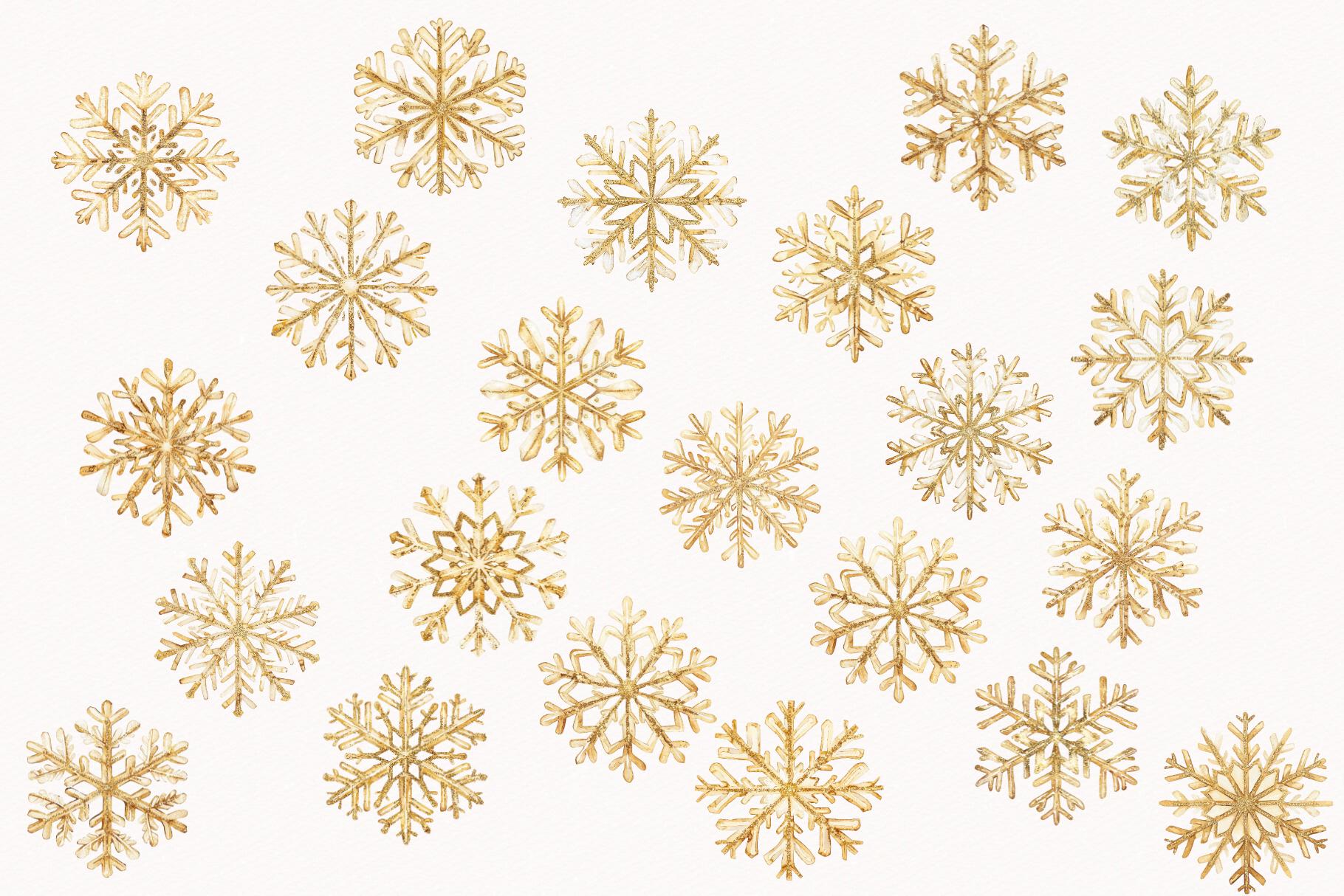 Gold Snowflakes Clip Art, Watercolor Winter Clipart, Gold Glitter, Snow ...