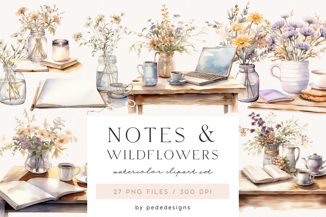 Notes & Wild Flowers, Watercolor Notebook Clipart, Floral Clipart ...