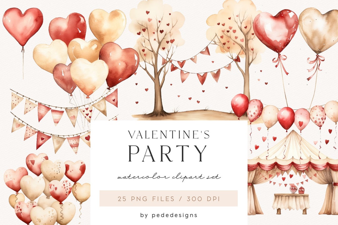 Watercolor Valentine's Day Party Clipart, Watercolor Romantic Clipart ...