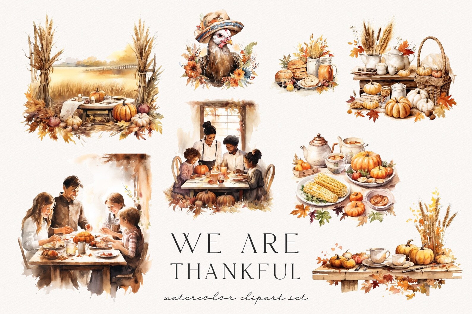 We Are Thankful, Watercolor Fall Clipart, Thanksgiving Clipart ...