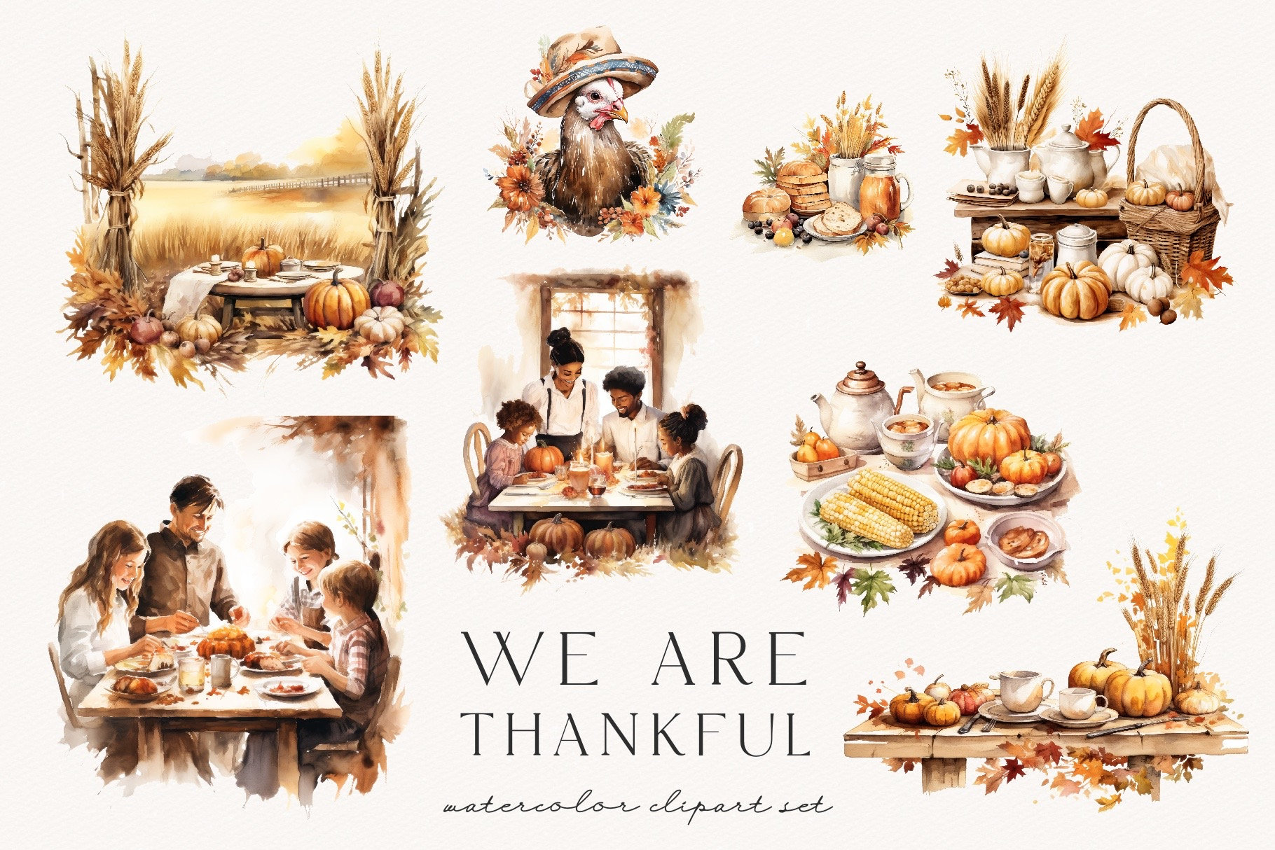 We Are Thankful, Watercolor Fall Clipart, Thanksgiving Clipart ...
