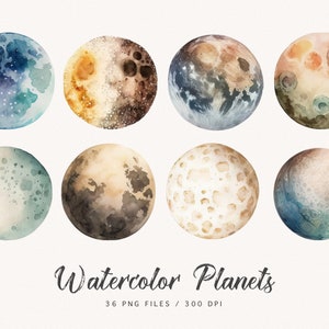 Watercolor Planet Clip Art, Planets Clipart, Solar System, Earth, Moon ...