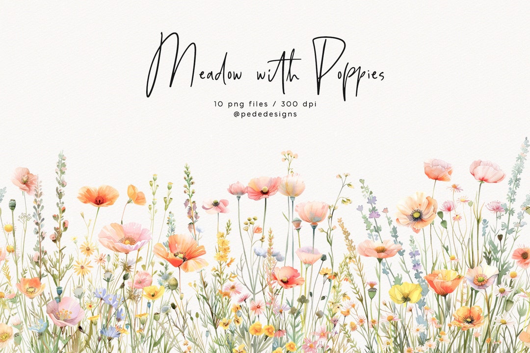 Meadow With Poppies, Watercolor Green Meadow Clipart, Watercolor Wild ...