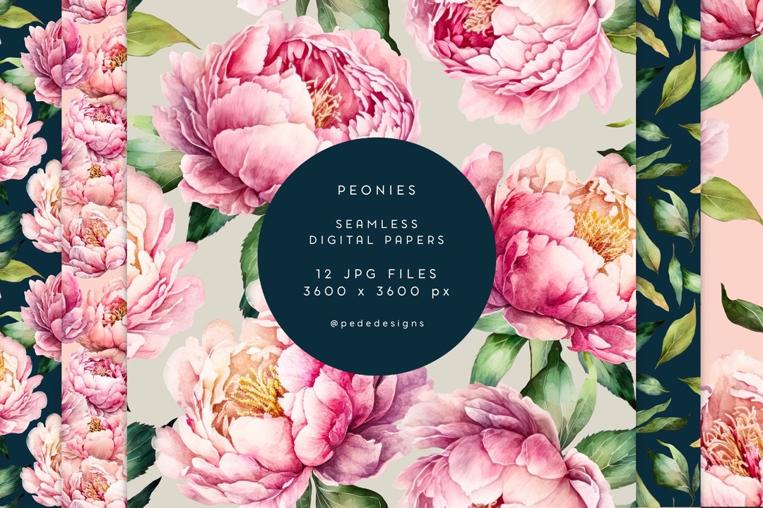 Peony Digital Paper, Flowers Watercolor Patterns, Seamless Digital ...