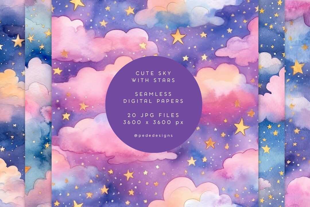 Sky Digital Paper Pack: Clouds & Stars Seamless Pattern (digital ...