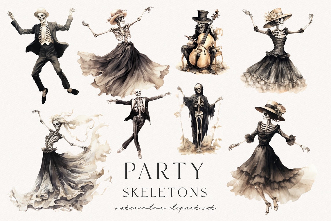 Party Skeletons Clipart, Watercolor Halloween Clipart, Spooky Clipart ...