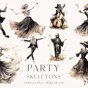 Party Skeletons Clipart, Watercolor Halloween Clipart, Spooky Clipart ...