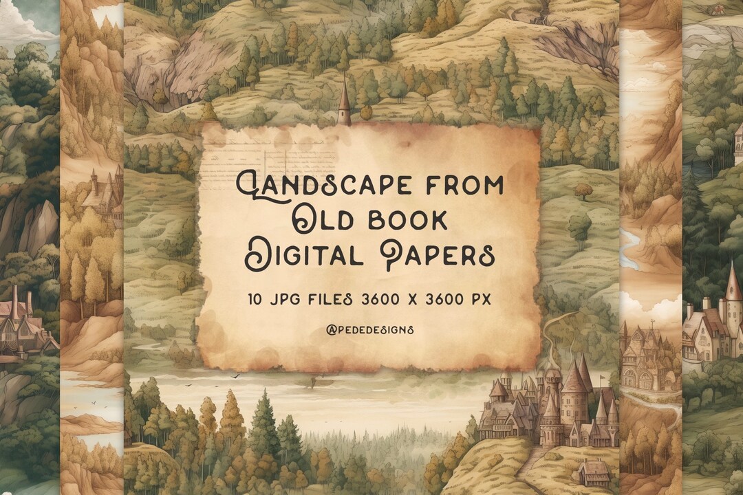 Landscape From Old Book, Digital Paper Pack, Seamless Patterns, Aged ...